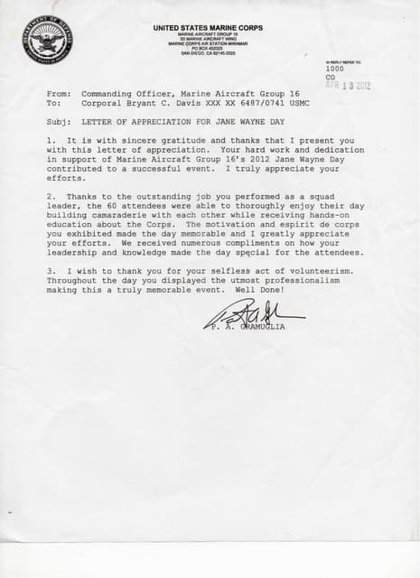 Letter of Appreciation 2009 Single Marine Program | PDF