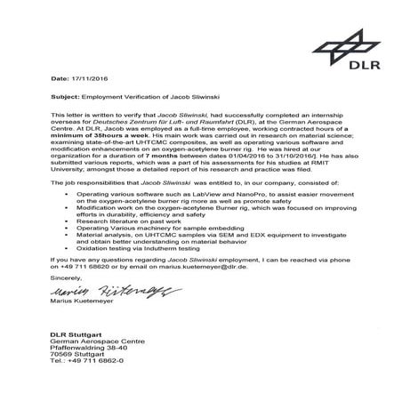 Jacob Sliwinski_ employent verification letter_DLR | PDF