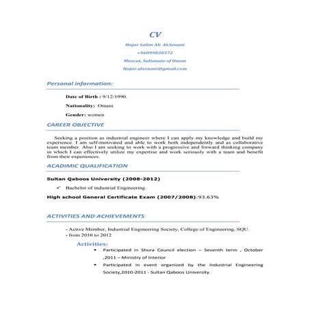 Hajar Salim ALSenani_CV_Industrial Enigneer | PDF