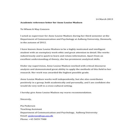 Academic reference letter for Anne Louise Madsen I | PDF