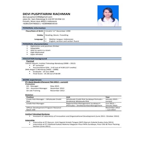 CV Devi Puspitarini Rachman 2016 - Short Form Update | PDF