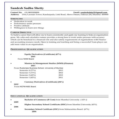 Sandesh Shetty Resume 2015 | DOC