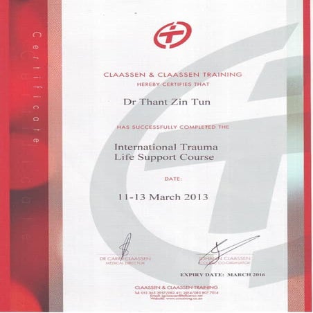 ITLS Certificate - Dr.Thant 2013 | PDF