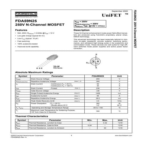 Original N Channel Mosfet FDA59N25 59N25 59A 250V TO-3P New | PDF