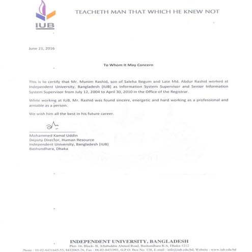 Certificate - Employment - IUB - IS Supervisor | PDF
