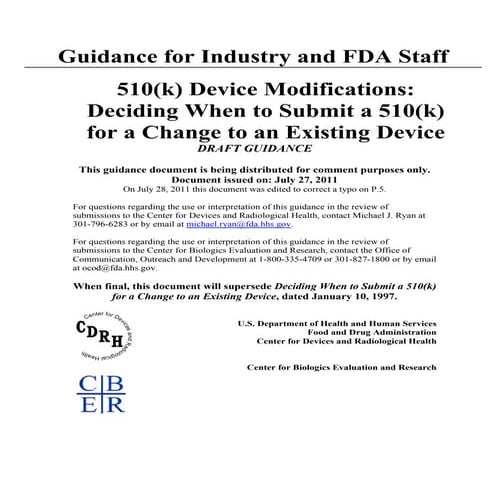 FDA Draft 510(K) Guidance July 27, 2011 | PDF