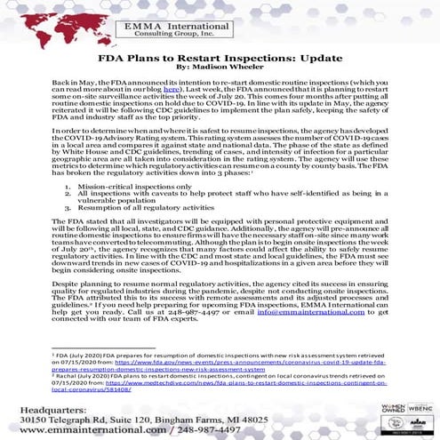 FDA Plans to Restart Inspections: Update | PDF