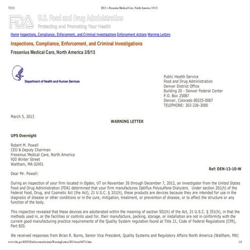 Fda warning letter 3 5-2013 to dialysis drug maker and dialysis ...