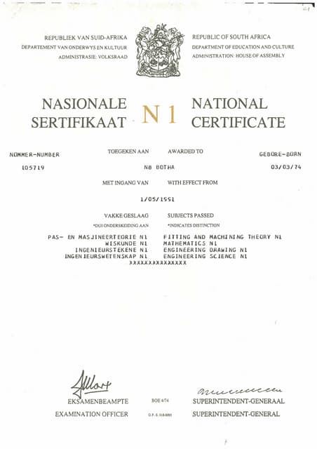 JF Smit N4 Certificate | PDF