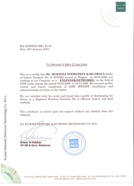 Q.C Engineer Experience Certificate from Techshore | PDF