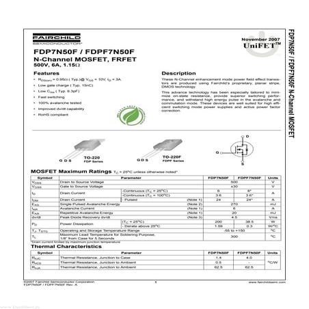 Original MOSFET N-CHANNEL FDPF7N50F 7N50 TO-220 7A 500V New | PDF