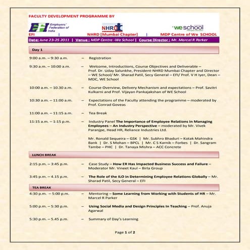 Schedule of Faculty Development Workshop on Employee Relation | PDF