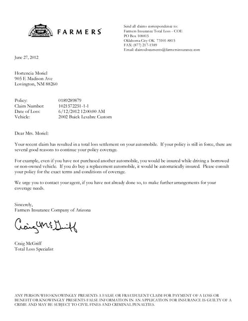 Farmers Insurance Letter