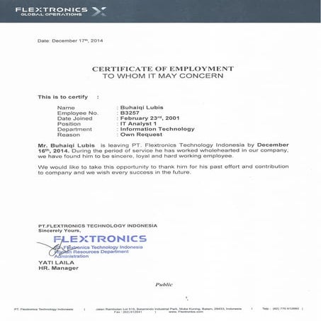 Flextronics - Pengalaman Kerja | PDF