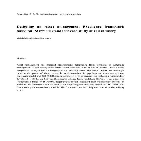 Designing an Asset management Excellence framework based on ISO 55000 ...