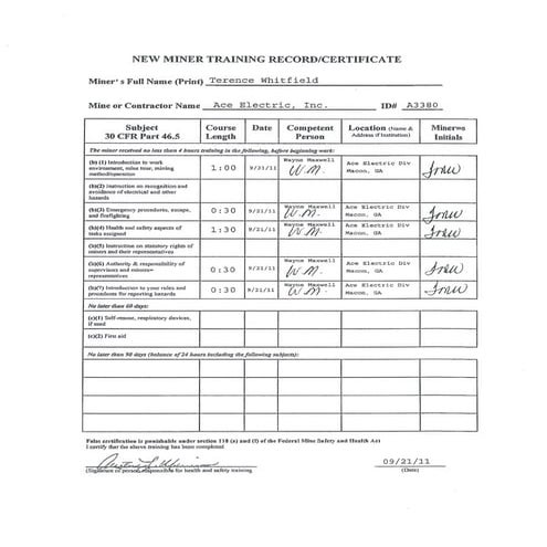 MSHA Training Certificates_Terence Whitfield | PDF