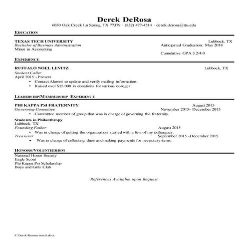 Newest Resume Derek DeRosa | DOCX | Resume Writing and Advice | Job Search