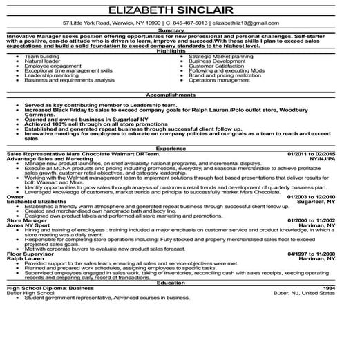 elizabeth sinclair Resume.pdf the one | PDF | Sales | Business