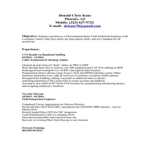 Donald resume new | DOC | Telecommunications Industry | Industries