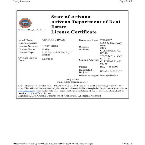Arizona Real Estate Entity License | PDF