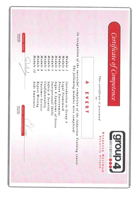 G4S Certificate of Competence 2001 - 2 | PDF
