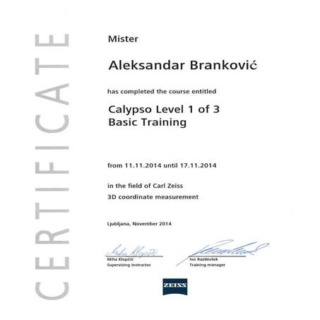 Certificate Calypso level 1 of 3 Basic Training Aleksandar Branković | PDF