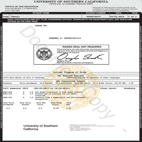 Chenlu Yang_USC ElectronicTranscript | PDF