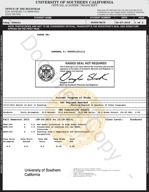 USC_Transcript_WeiMing | PDF