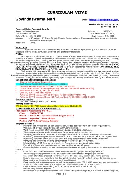 RESUME OF QAQC INSPECTOR COATING/PAINTING AND INSULATION | PDF