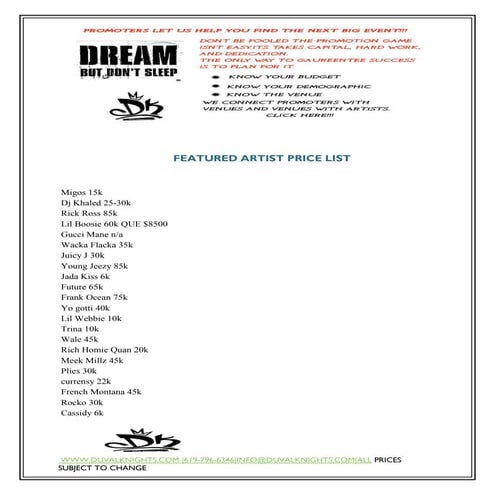 Featured artist price list | PDF