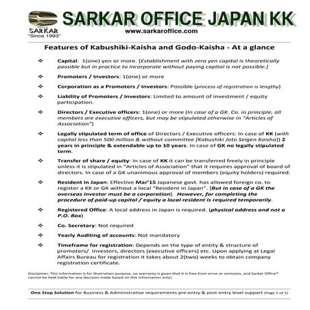 Features of Japanese Kabushiki-Kaisha, KK co. and Godo-Kaisha, GK co. / LLC - At a glance | PDF