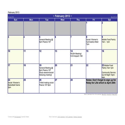February 2013 calendar | DOC