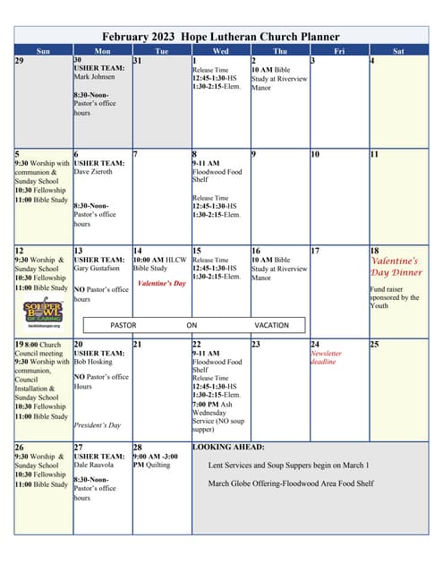 September 2024 Calendar of Events Hope Lutheran Church Floodwood | PDF