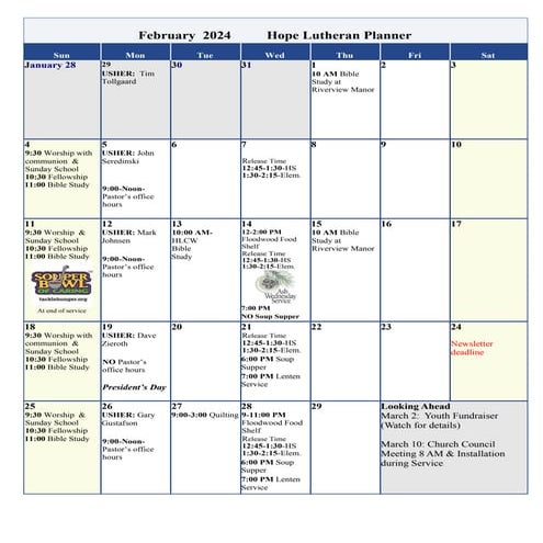 February 2024 Calendar of Events -- Hope Lutheran Church | PDF ...