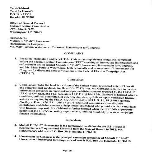 Gabbard FEC Complaint against Hannemann | PDF
