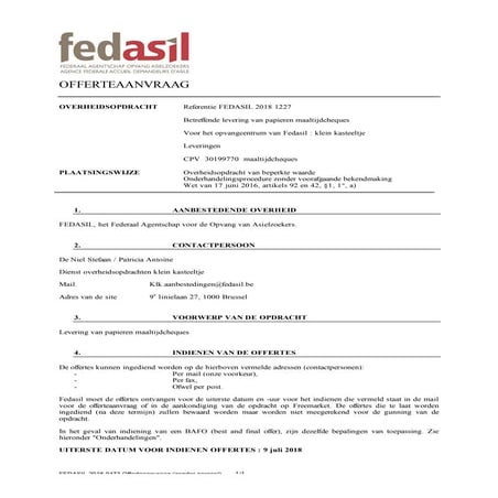 Fedasil bestelt maaltijdcheques voor Klein Kasteeltje | PDF