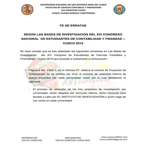 Fe de erratas - XVI CONECCOF CUSCO 2015 | PDF