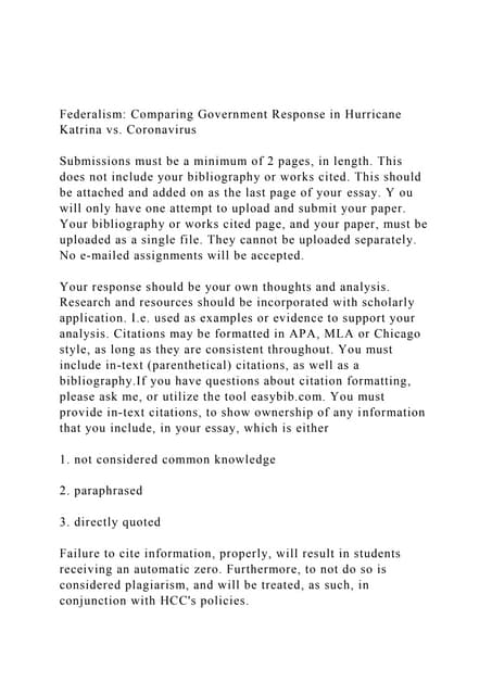 Federalism Comparing Government Response in Hurricane Katrina v.docx ...