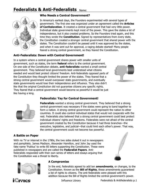 Federalists Vs. Anti Federalists Chart | PPT | Politics