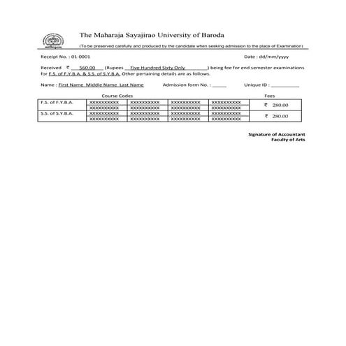 Fee receipt arts | DOCX