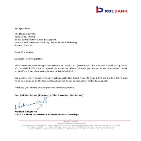 Relieving Letter_RBL BANK | PDF