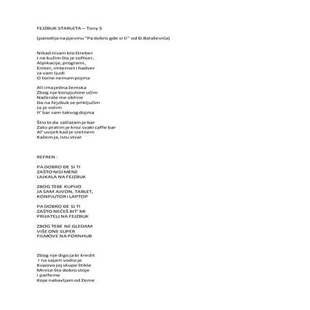 Fejzbuk starleta tony s (stihovi - lyrics) | PDF