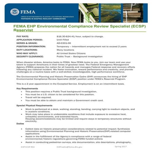 Fema ehp reservist ecsp job announcement 2017 | PDF