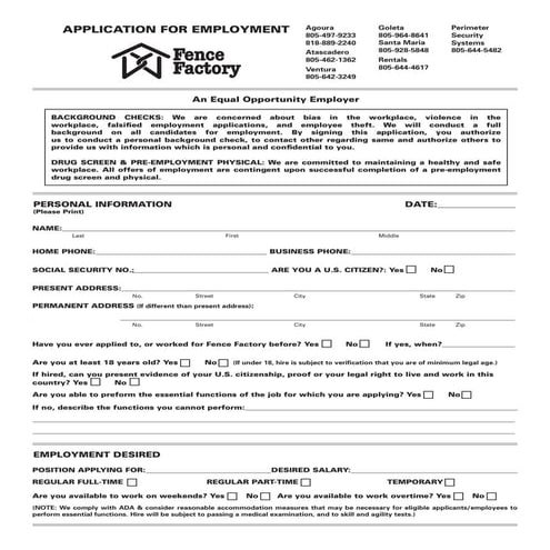 Application For Employment - Fence Factory | PDF