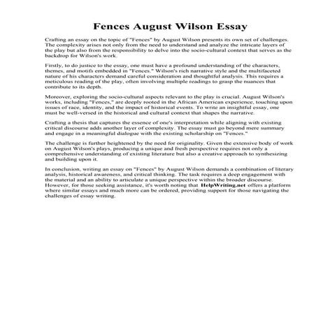 Fences August Wilson Essay | PDF