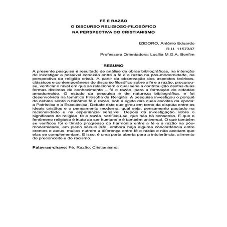 FÉ E RAZÃO O DISCURSO RELIGIOSO-FILOSÓFICO NA PERSPECTIVA DO ...