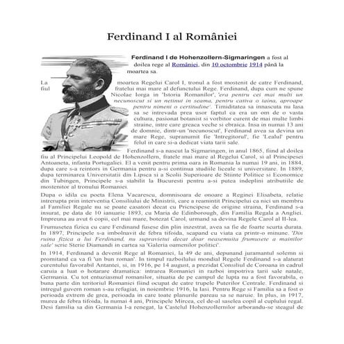 Regele Ferdinand I - Întregitorul România Mare | PPT