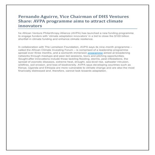 Fernando Aguirre, Vice Chairman of DHS Ventures Share: AVPA programme ...