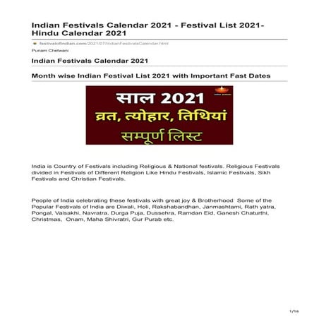 Indian Festivals Calendar 2021 - Festival List 2021- Hindu Calendar ...