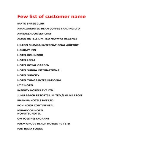 Few list of customer name | DOCX